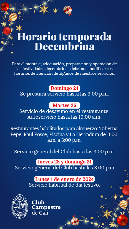 horario temporada decembrina web | Club Campestre de Cali
